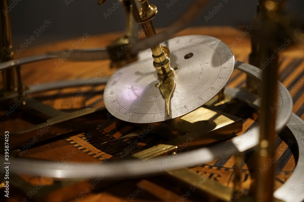old copper astrolabe detail close up. The ancient astronomical Clock ...