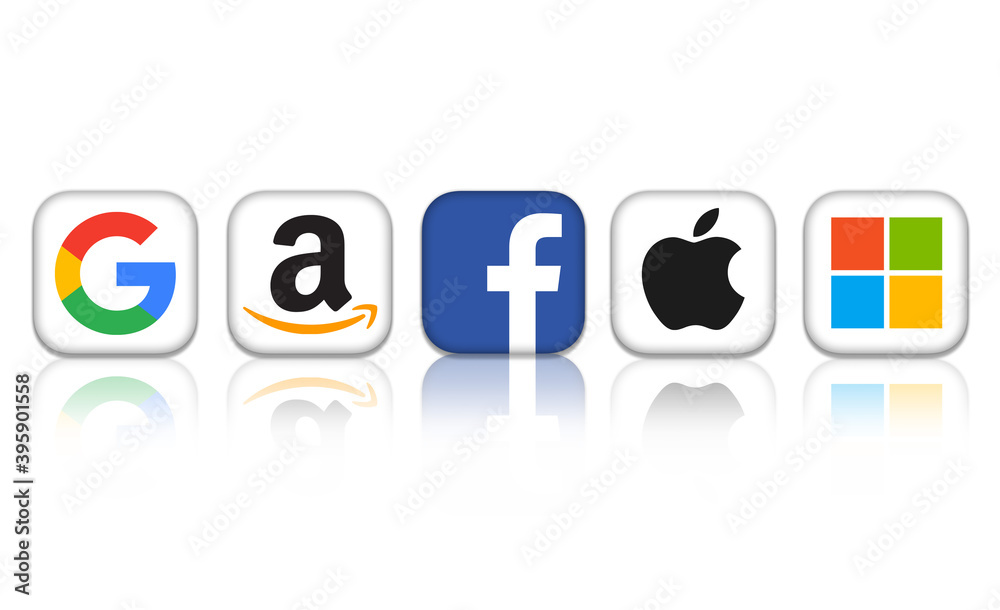 Ilustración de Stock Big Tech logos of Google Amazon Facebook Apple Microsoft | Adobe Stock
