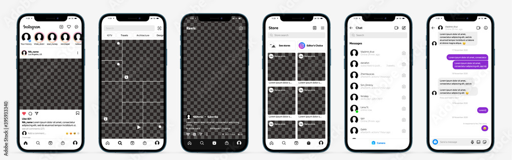 Mockup iphone with open instagram updated screen. Home page, Search ...