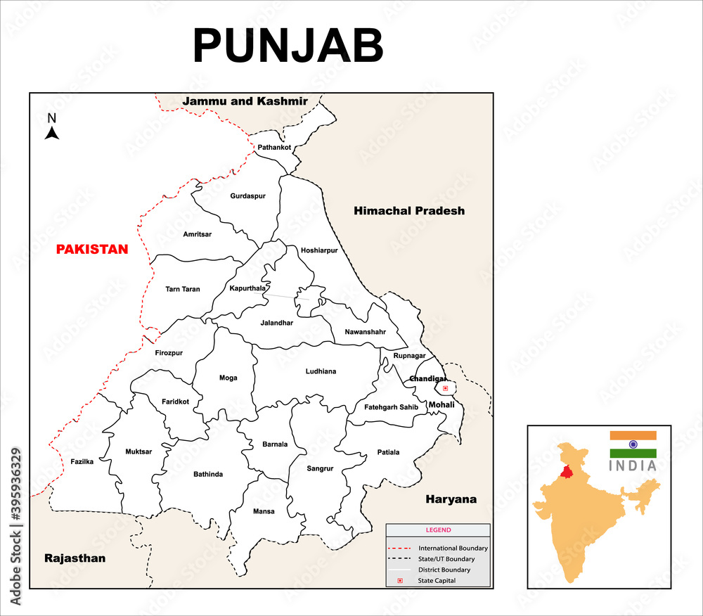 Punjab map. Political and administrative map of Punjab with districts ...