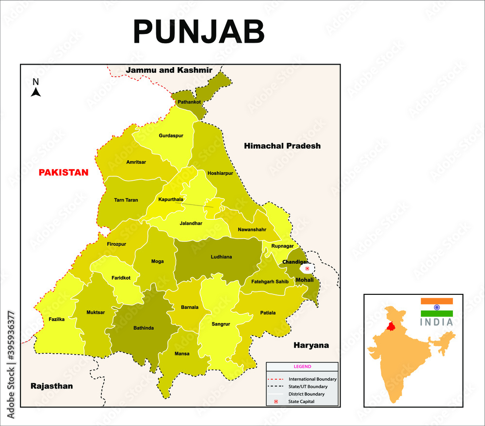 Punjab map. Political and administrative map of Punjab with districts ...