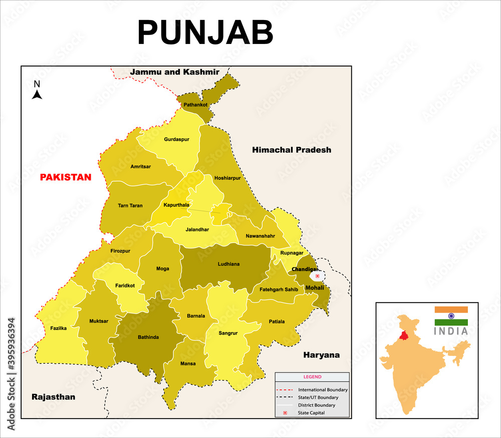 Punjab map. Political and administrative map of Punjab with districts ...