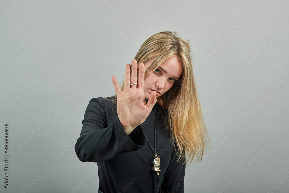 Palm arm raised air angry look straight you will not pass through ...