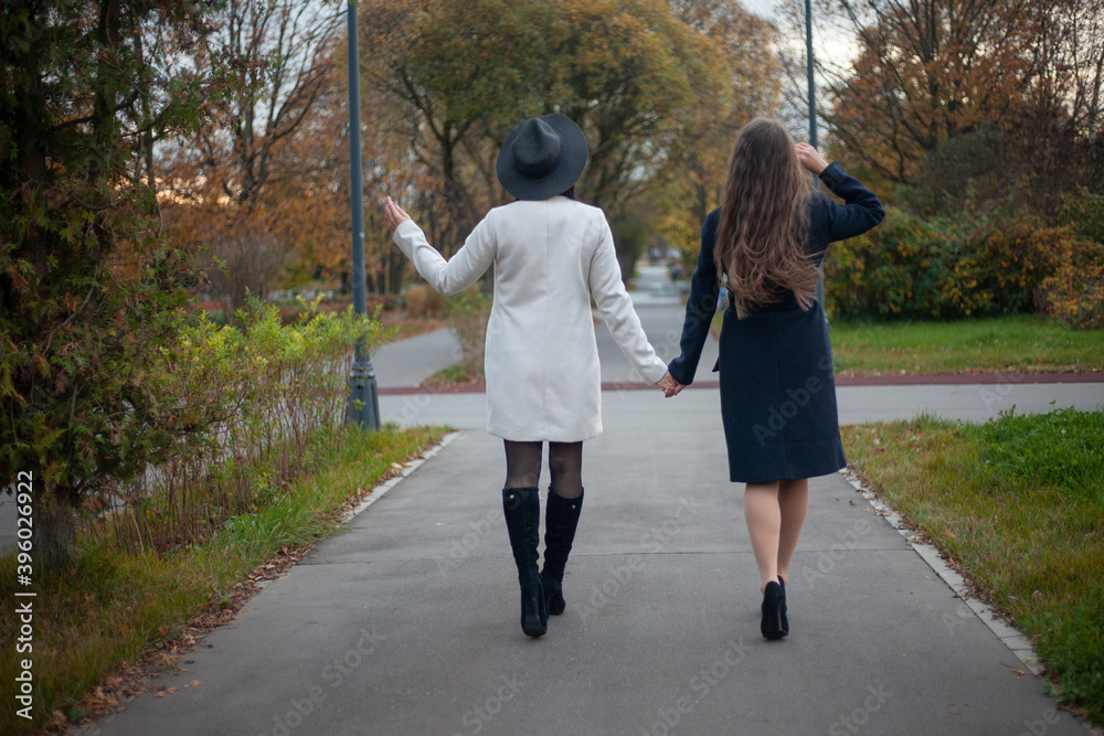 Two girls joined hands and walk in the park. The girls walk down the ...