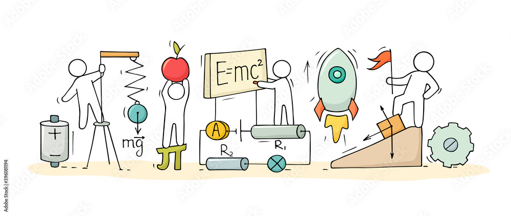 Sketch of physics lab with working little people Stock Vector | Adobe Stock