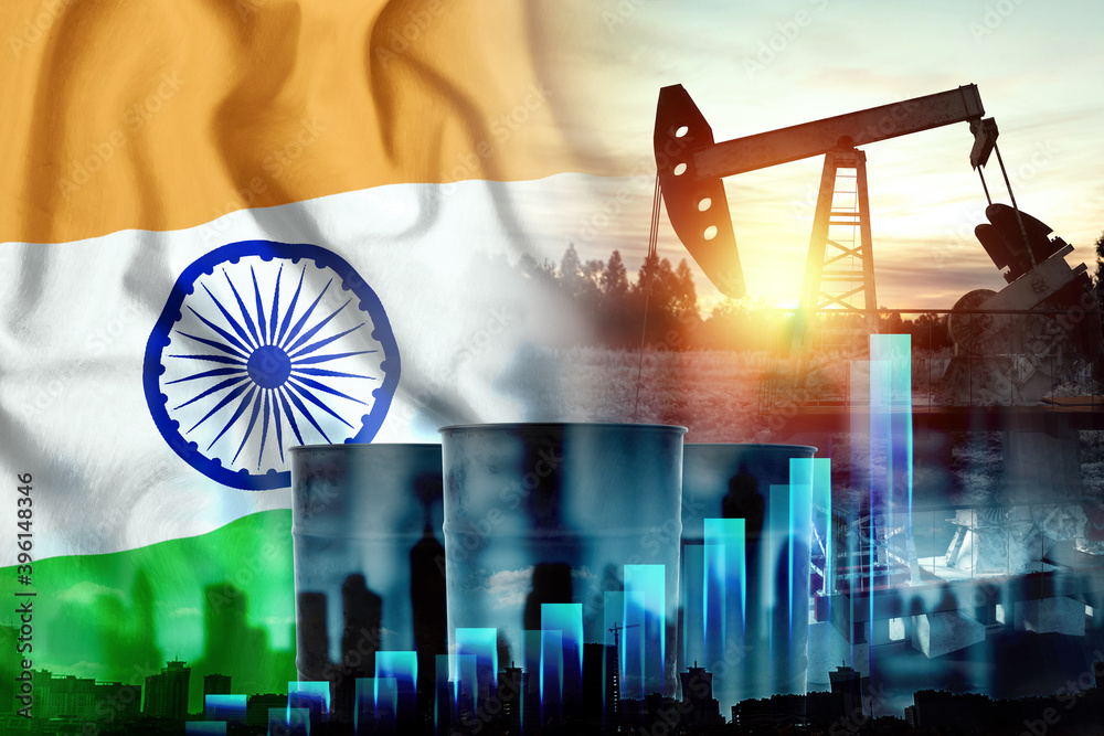 Image of the Indian flag, oil pump rig and barrels with graphs. The ...