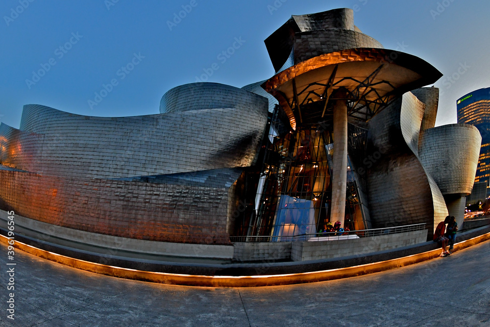 Fisheye panorama of Guggenheim Museum Bilbao from the riverside walkway ...