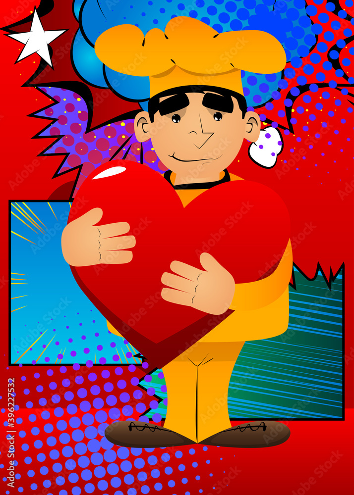 Fat male cartoon chef in uniform hugging big red heart. Vector ...
