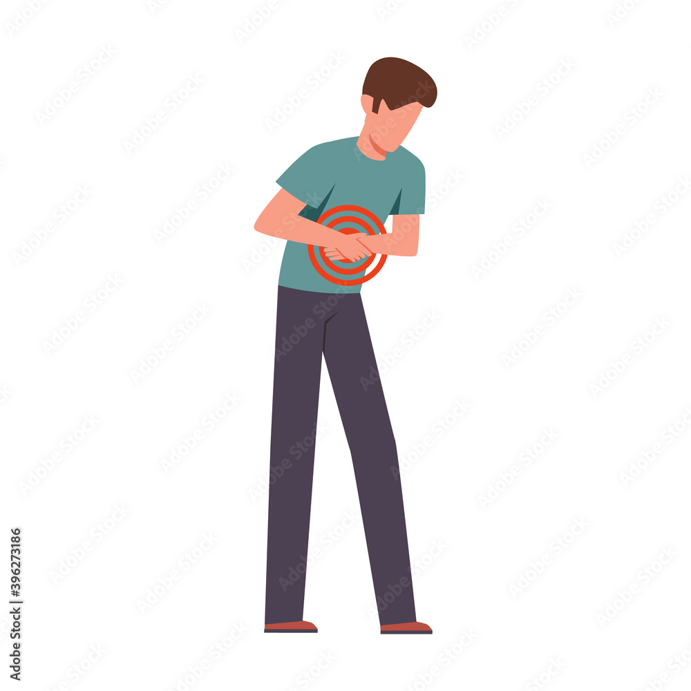 Vector de Stock Man suffering from abdominal pain. Male young character ...