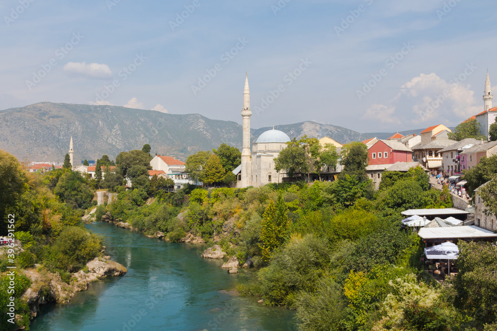 View of the Koski Mehmed Pasha Mosque in the Old Town of Mostar. Bosnia ...