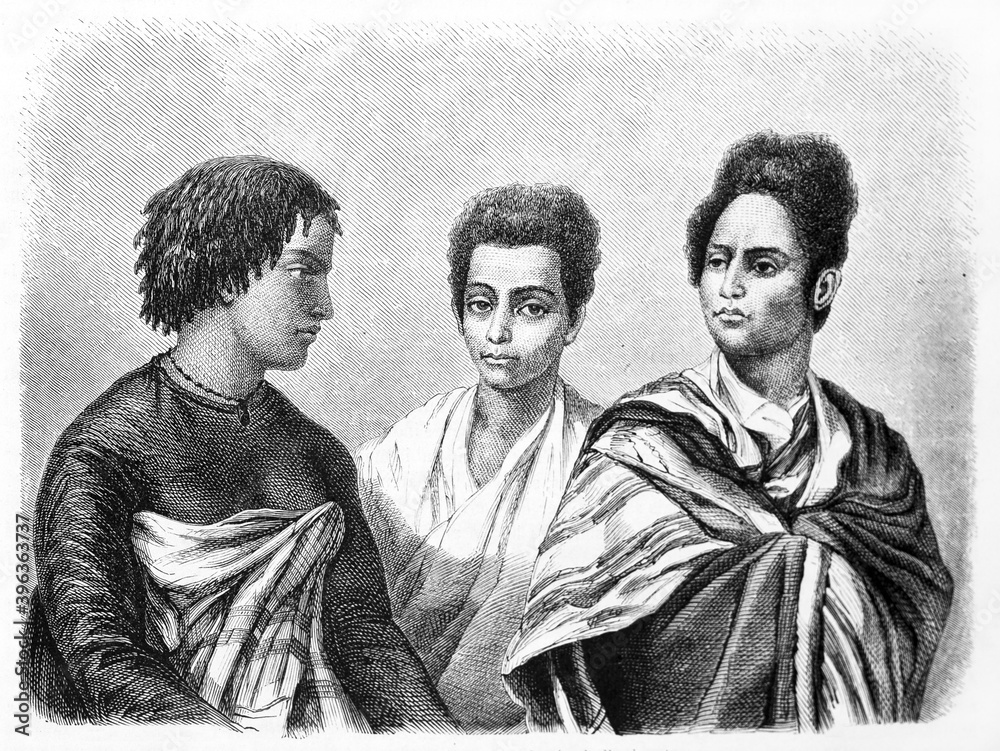 Three bust portrait of malagasy people wearing traditional tunic ...