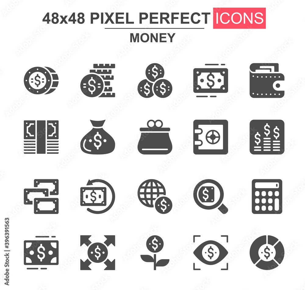 Money glyph icon set. Dollar, wallet, bank safe, calculator, capital ...