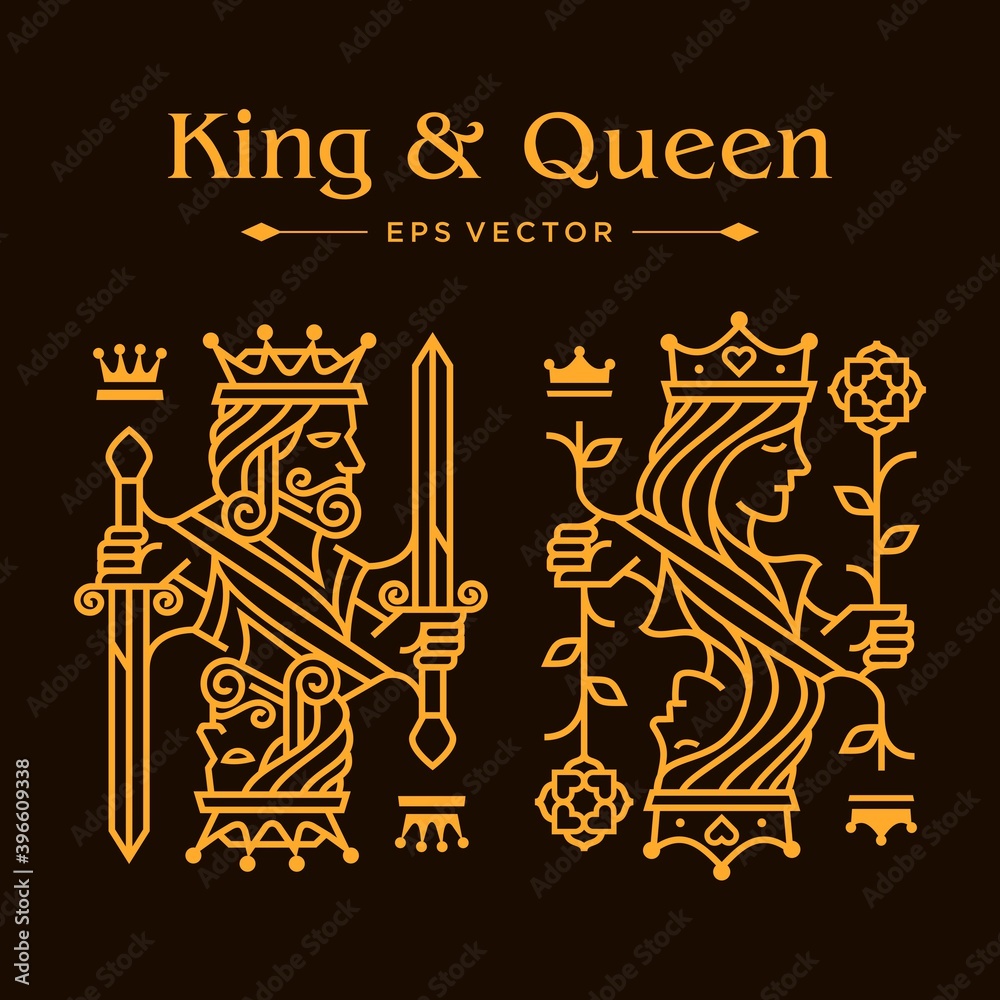 King and queen gold card drawing line illustration, casino poker logo ...