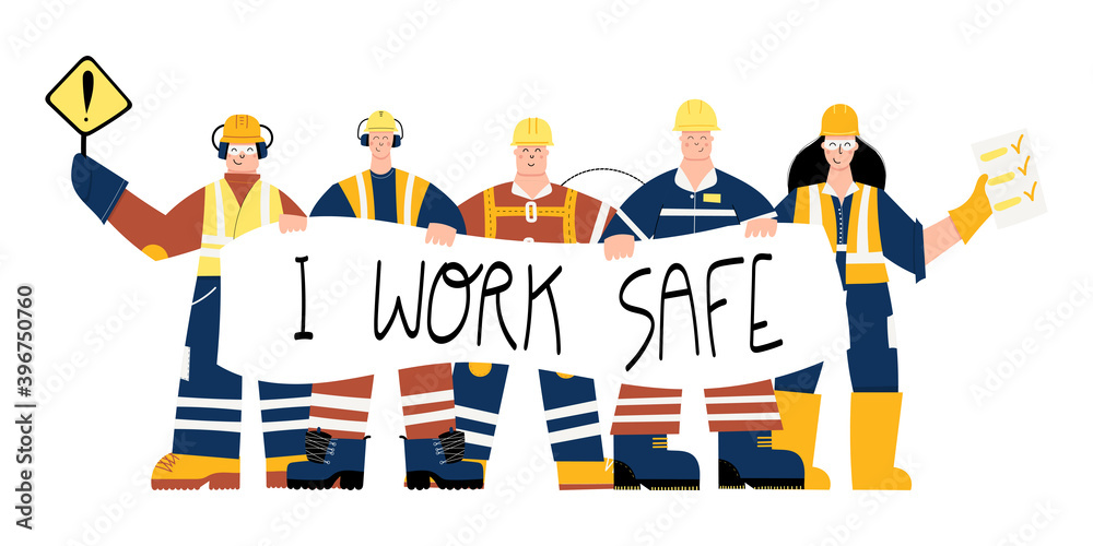 Construction or factory industrial workers wearing personal protective ...