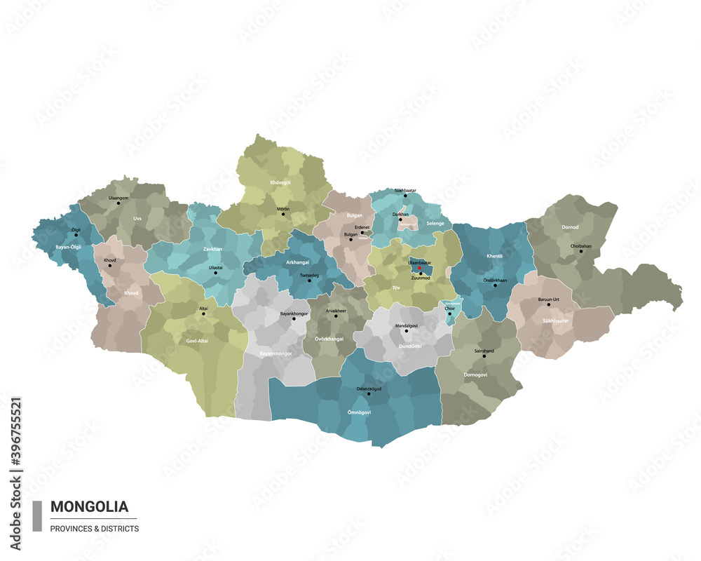 Mongolia higt detailed map with subdivisions. Administrative map of ...