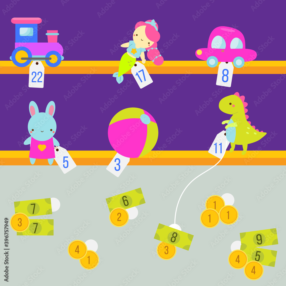 Mathematics educational children activity. Study counting and money for ...