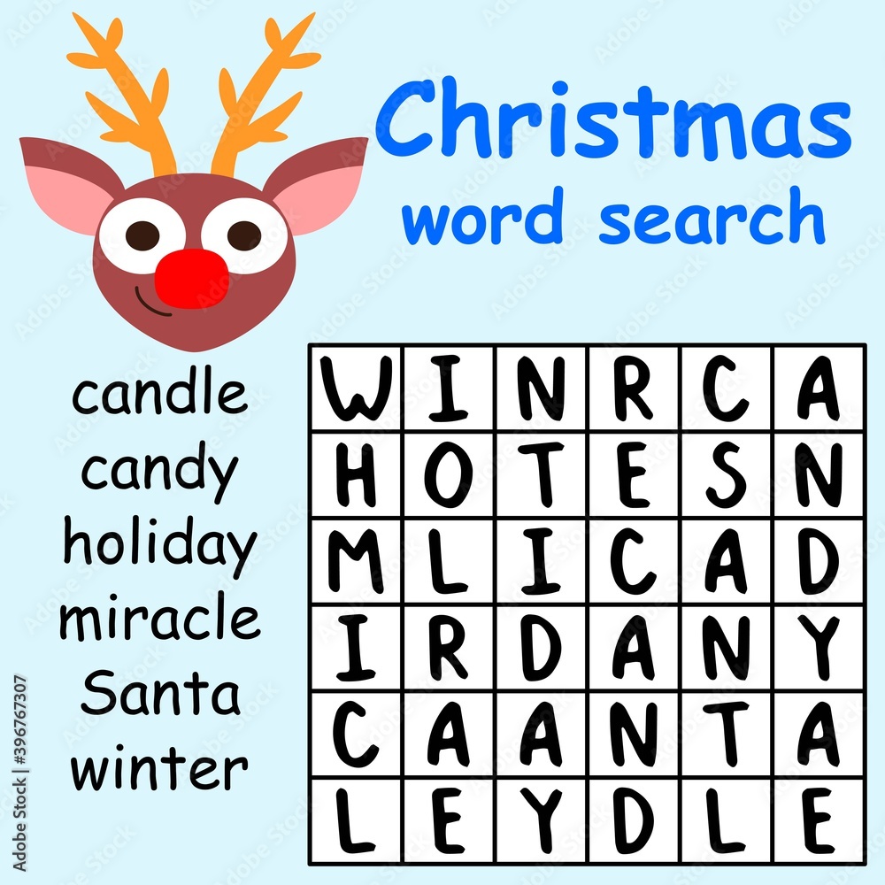 Christmas word search puzzle vector. Help funny cute reindeer to find ...