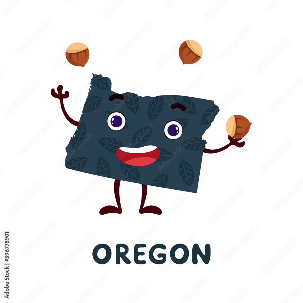 Cute cartoon Oregon state character clipart. Illustrated map of state ...