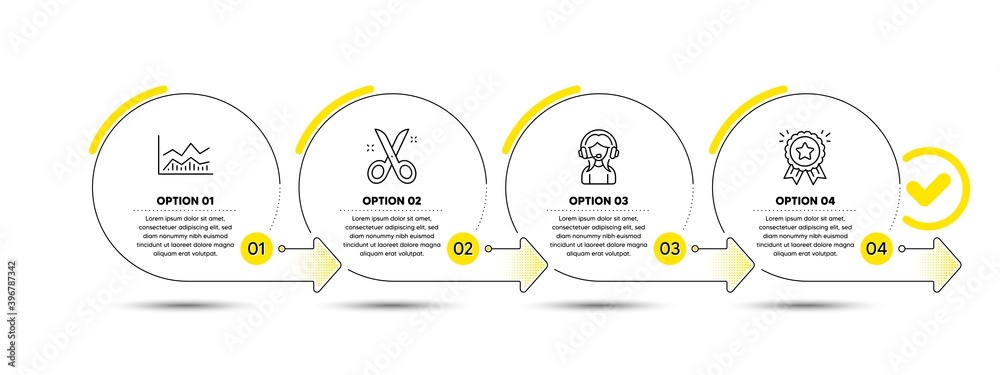 Support, Trade infochart and Scissors line icons set. Timeline process ...