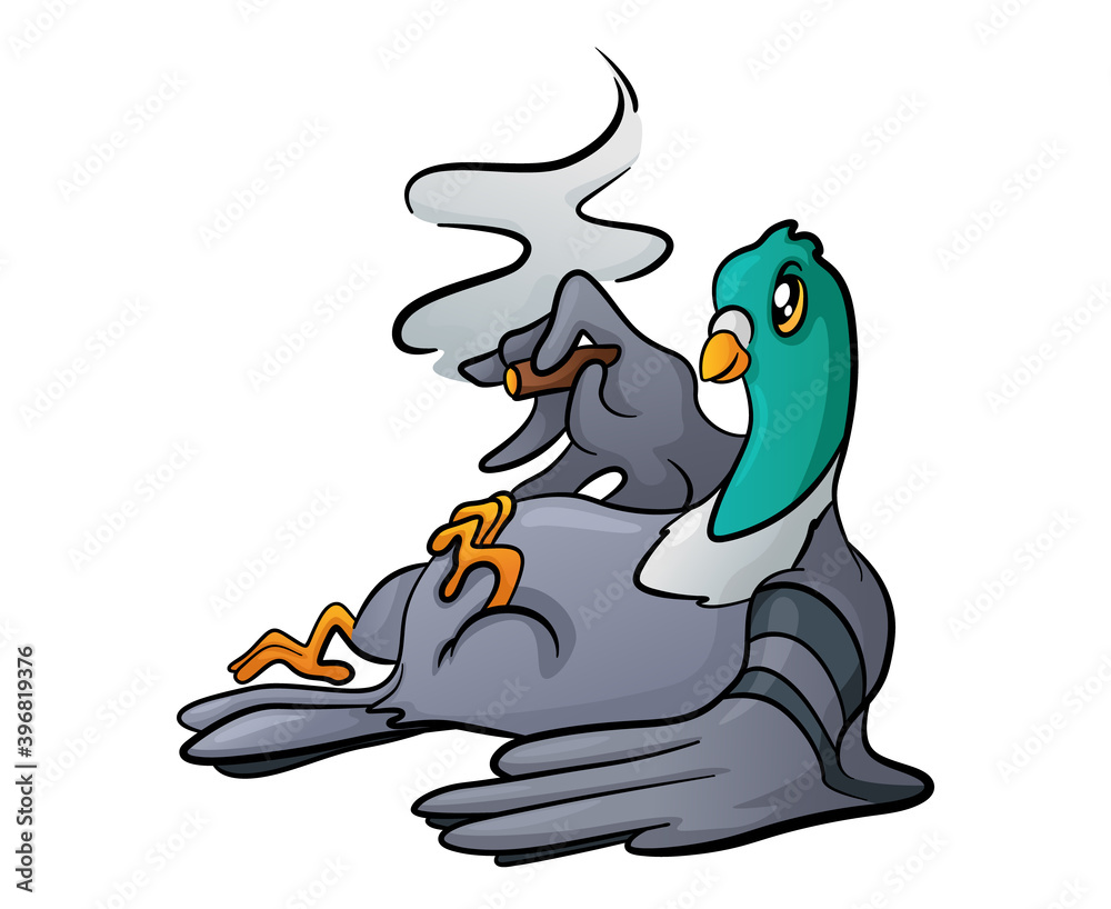 Cartoon funny smoking pigeon. Vector comic bird illustration. Colorful ...