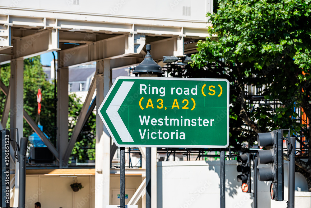 London, UK United Kingdom and green traffic sign directions to Ring ...