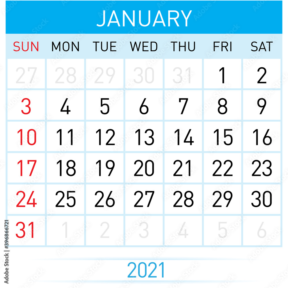 January Planner Calendar 2021. Illustration of Calendar in Simple and ...