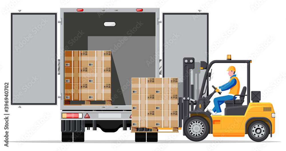 Forklift loading pallet boxes into truck in rear view. Electric ...