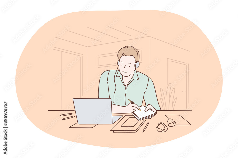 Working in office, modern company worker, online communication concept ...