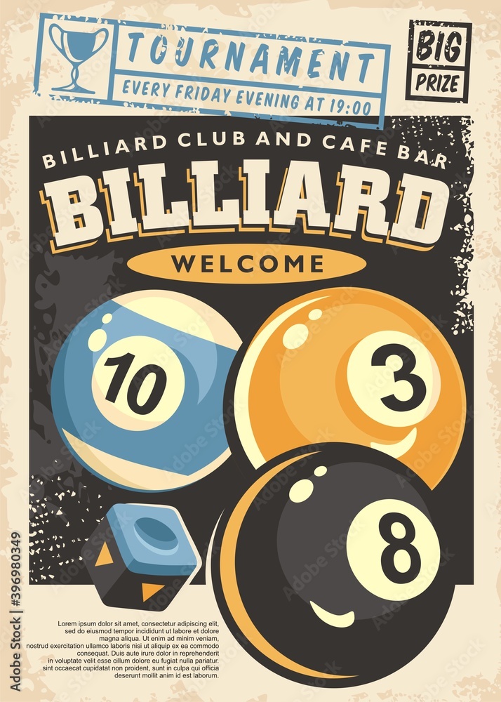 Billiard tournament poster design template. Eight ball competition ...
