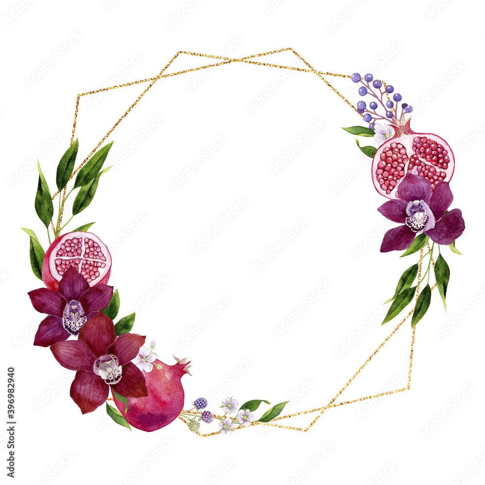 Maroon watercolor floral fruit frame purple .orchids and pomegranate ...