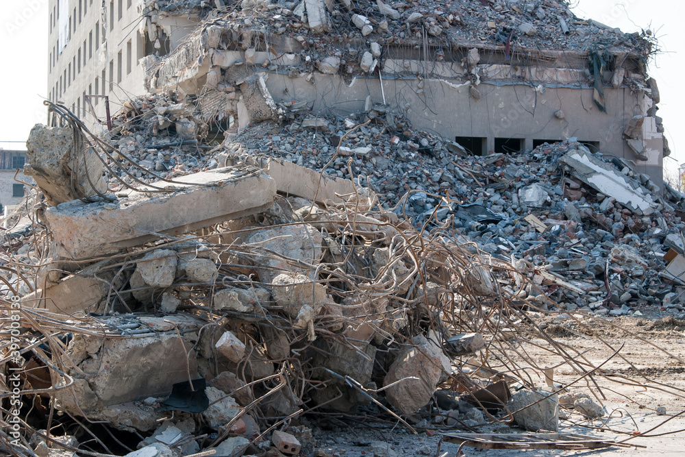 complete demolition destruction of a tall building completely ruined ...