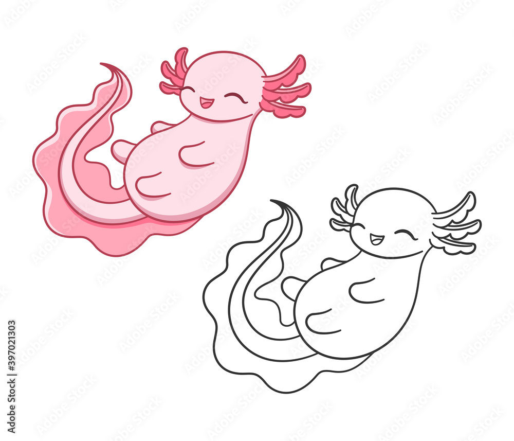 Happy axolotl cartoon vector illustration colored and outline set. Cute ...