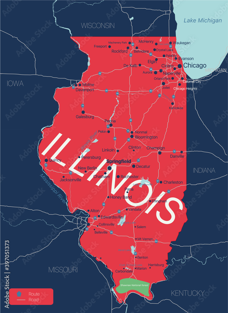 Illinois state detailed editable map with with cities and towns ...