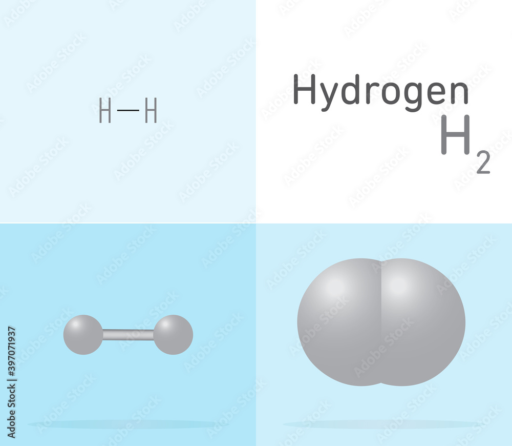 Hydrogen (H2) gas molecule. Two different molecule model and chemical ...