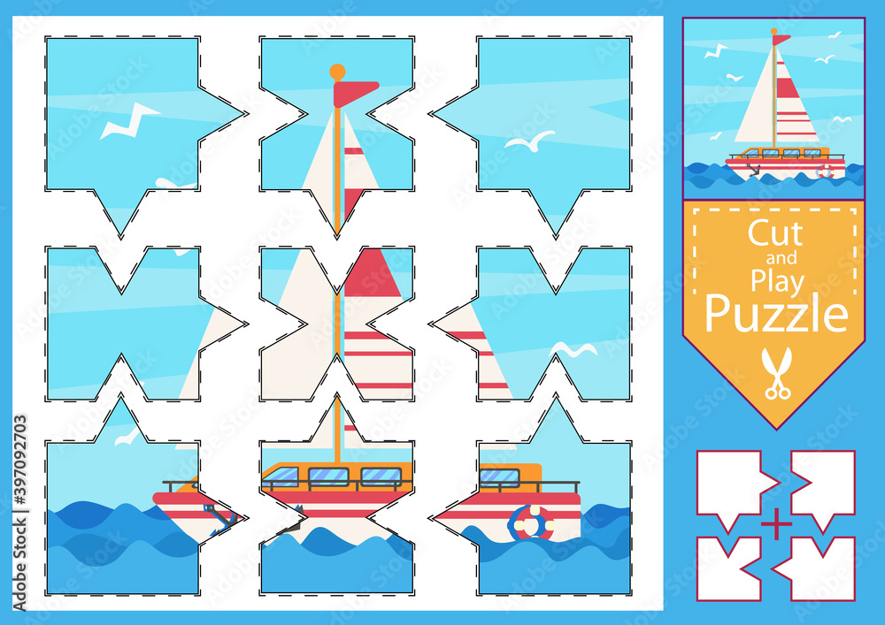 Children puzzle game. Worksheets with drawing sea boat. Kids art game ...