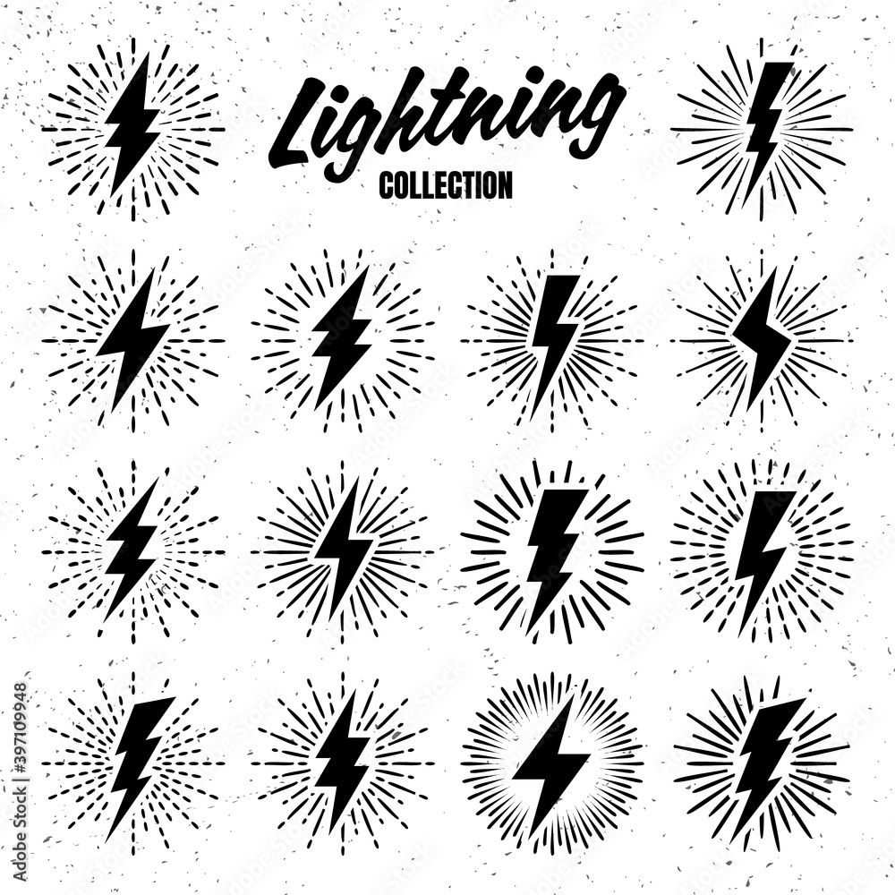 Set of vintage lightning bolts and sunrays on grunge background ...