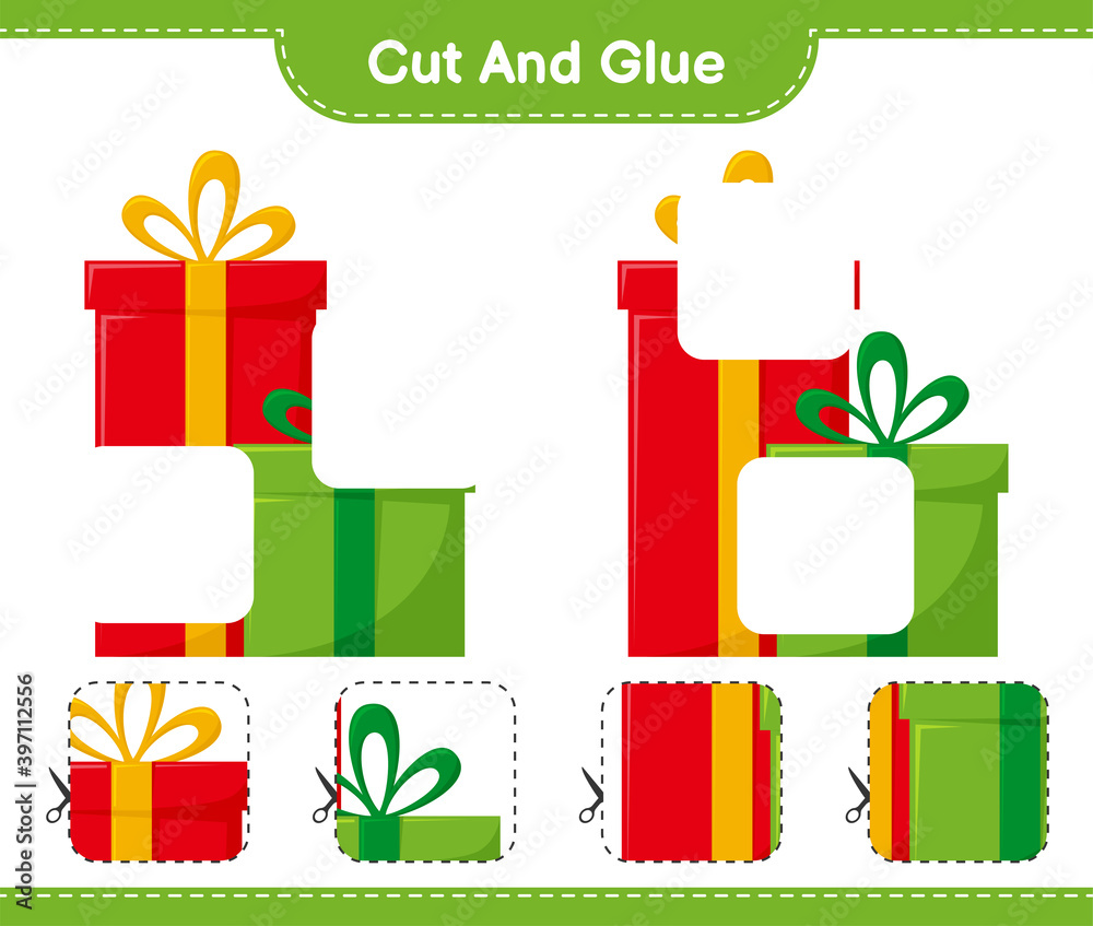 Cut and glue, cut parts of Gift Boxes and glue them. Educational children game, printable ...
