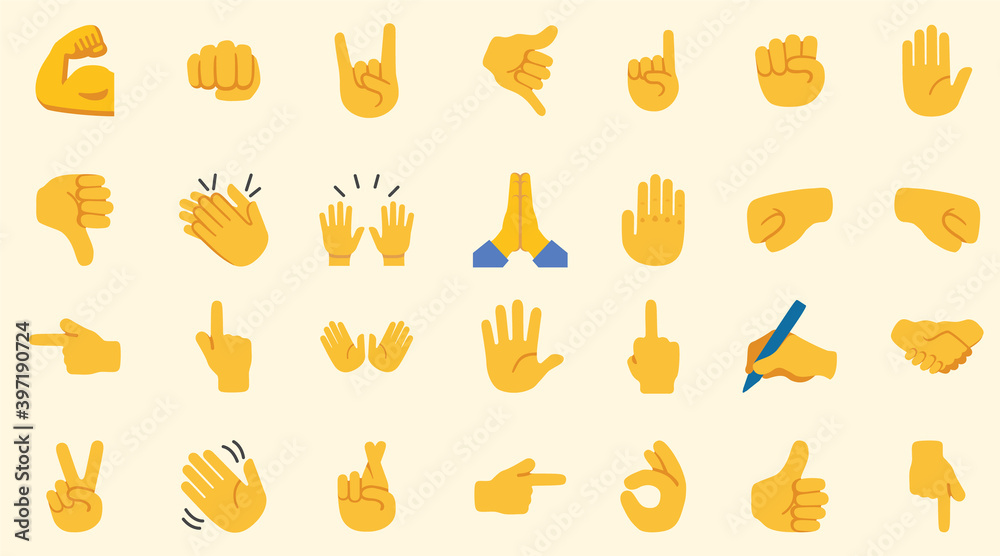 All hand emoji gesture. Hand emoticons vector illustration symbols set ...