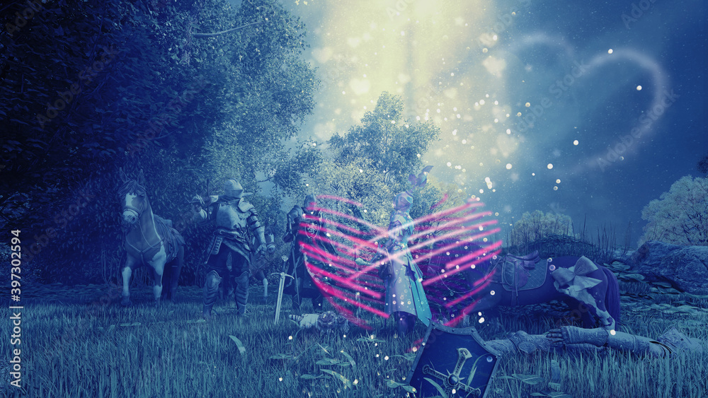 Fantasy landscape, medieval knights with armor in combat gear advance ...