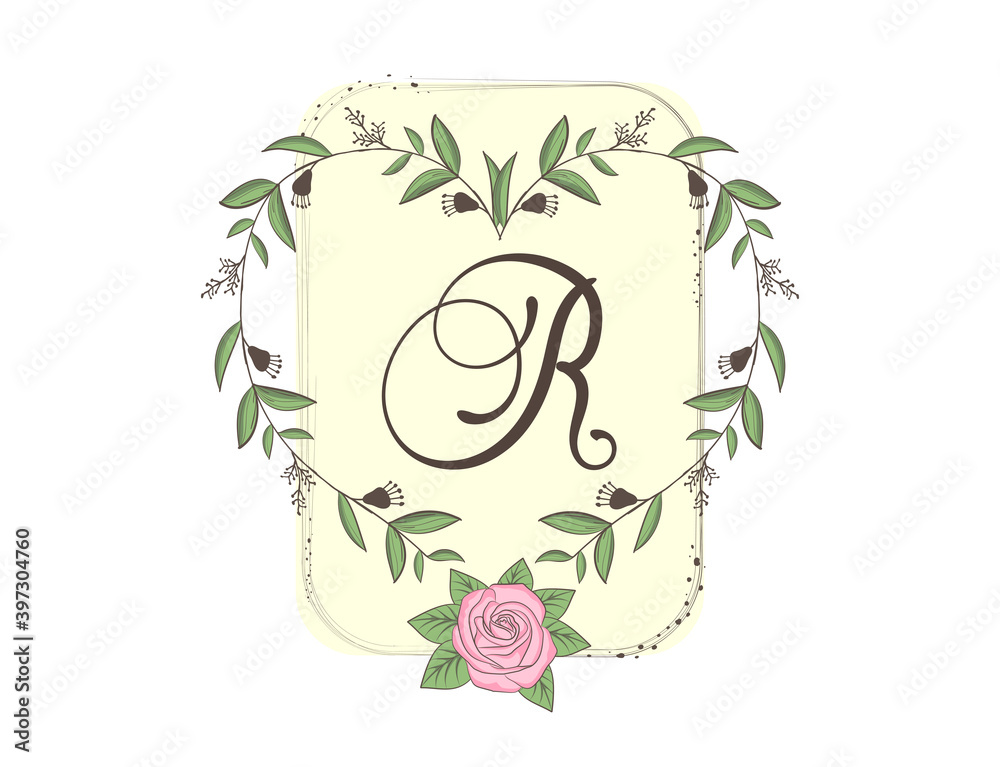 Elegant capital letter R with floral frame, leaves and rose ...