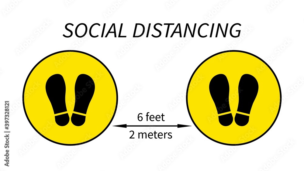 Social distance footprints. Black soles in yellow circle with detailed ...