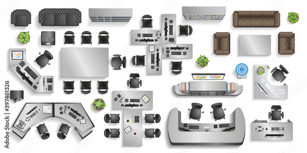 Office furniture. (top view) Desks, chairs, cabinets, sofas, computers ...