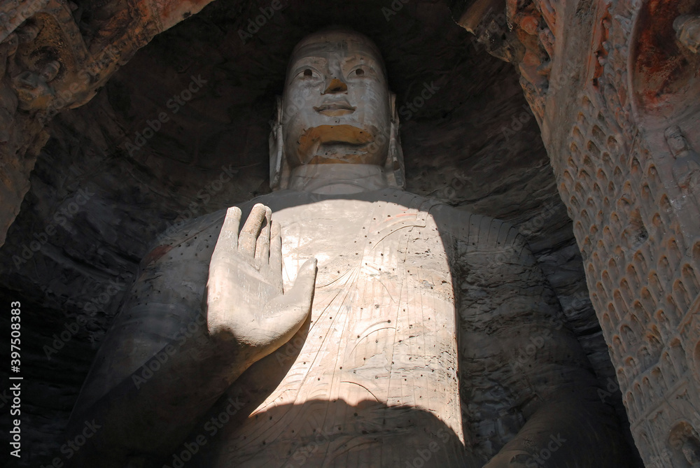 Yungang Grottoes near Datong in Shanxi Province, China. Large ancient ...