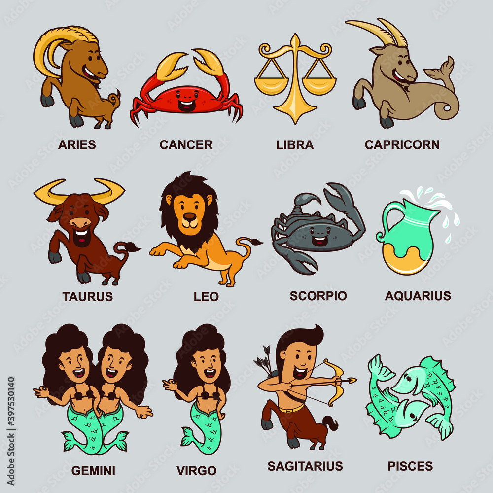 Set of cartoon zodiac signs icons. Vector illustration in cartoon style ...