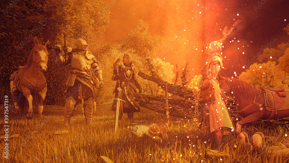 Fantasy landscape, medieval knights with armor in combat gear advance ...