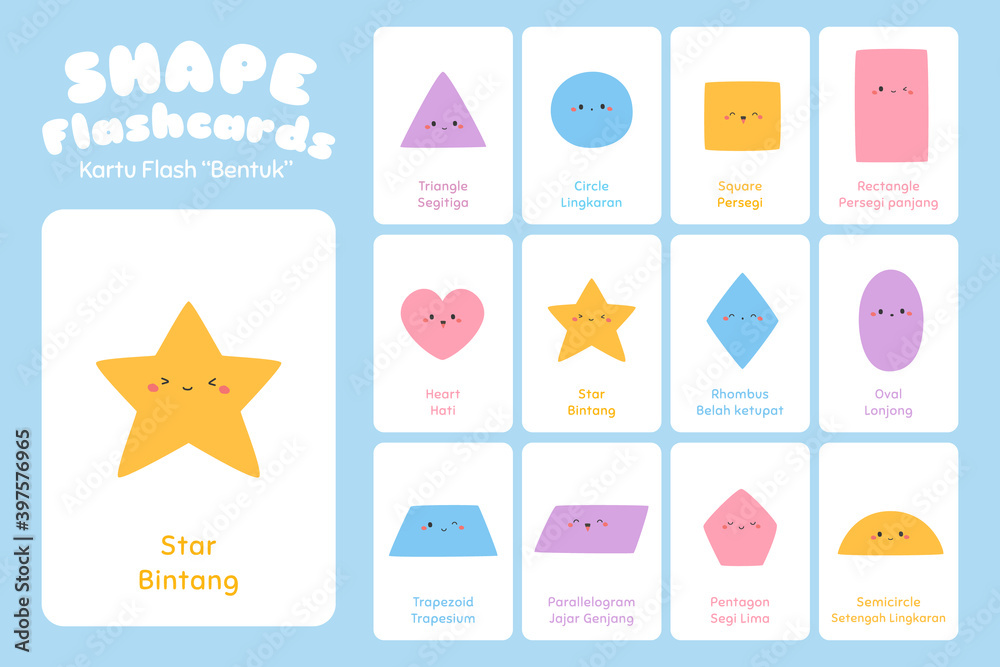 Geometric shape bilingual flashcards vector set. Cute 2D shape ...