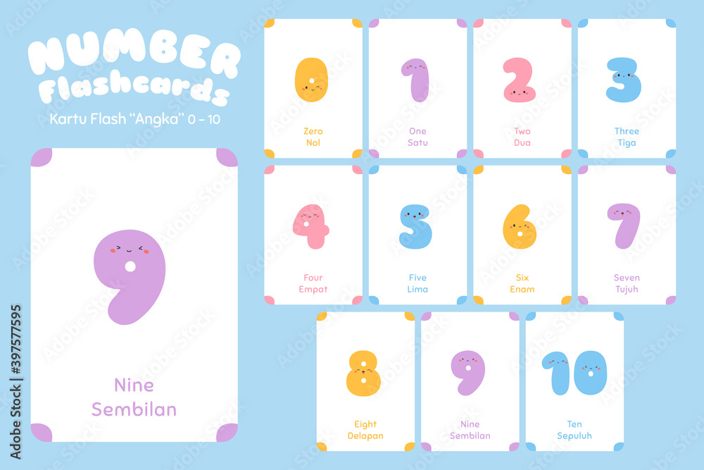 Number bilingual flashcards vector set. Cute Number 0 to 10 educational ...