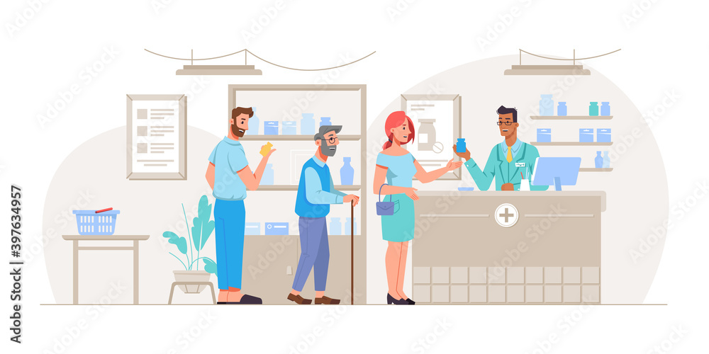 People standing in queue waiting to buy prescribed medicine at pharmacy ...