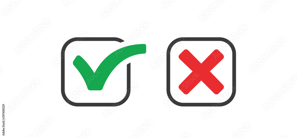 Check mark icons. Green tick and red x. Approval and decline symbols ...