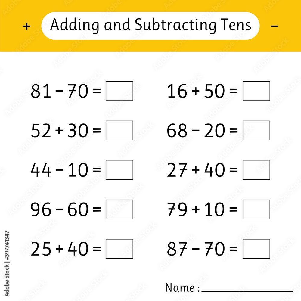 Image vectorielle Stock Adding and Subtracting Tens. Mathematics. Math ...